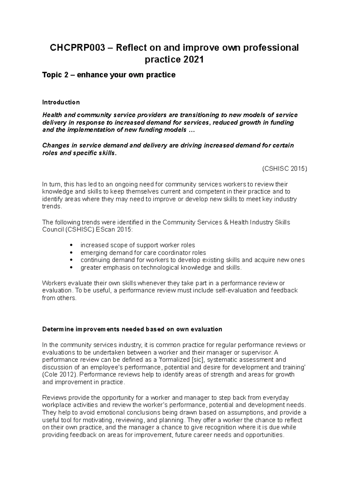 CHCPRP003 - Topic 3 - CHCPRP003 – Reflect on and improve own professional practice 2021 Topic 3 ...