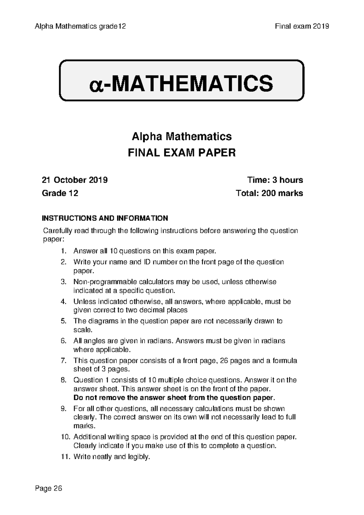 Alpha Mathematics Grade 12 Final Exam Paper 2019 - Studocu
