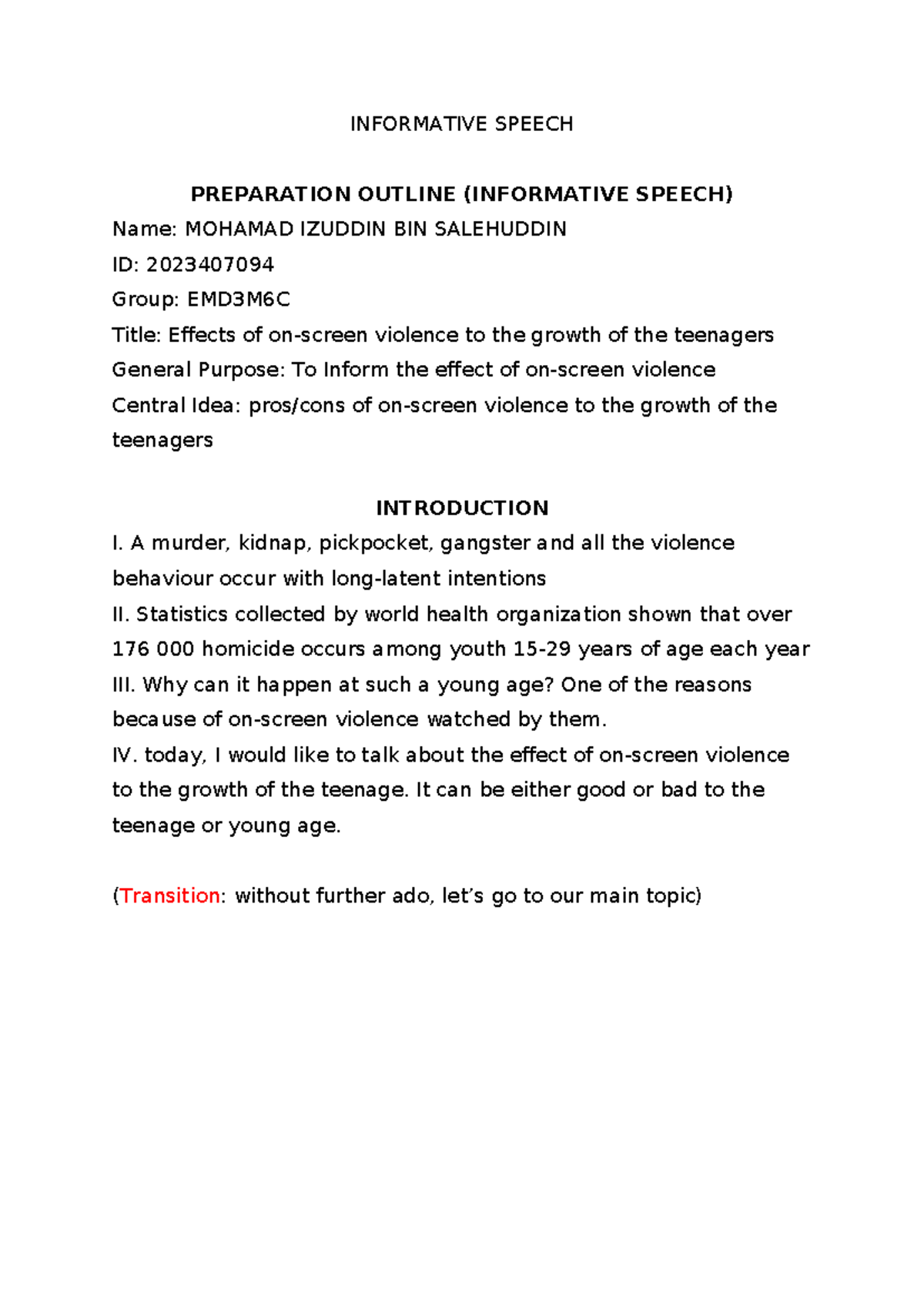 Informative Speech Outline: Effects of On-Screen Violence on Teens ...