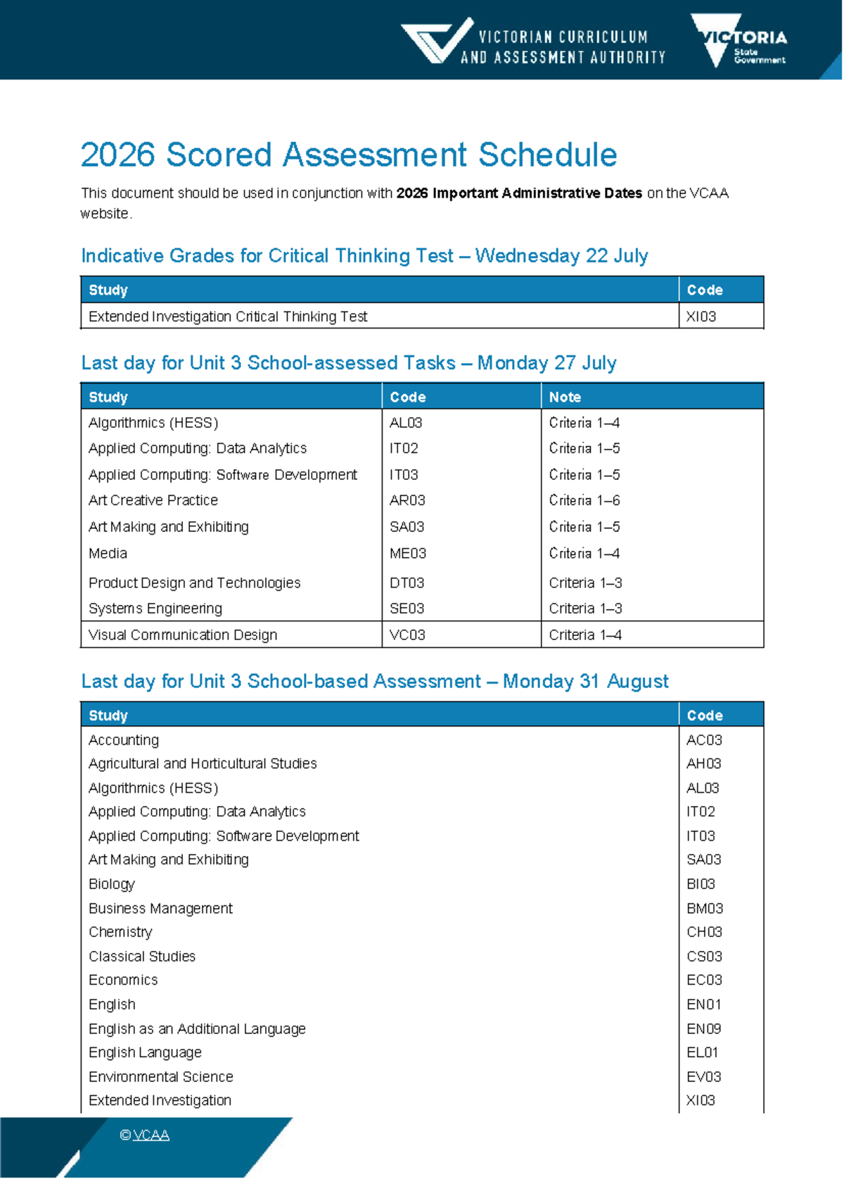 2026 VCAA Scored Assessment Schedule and Important Dates - Studocu