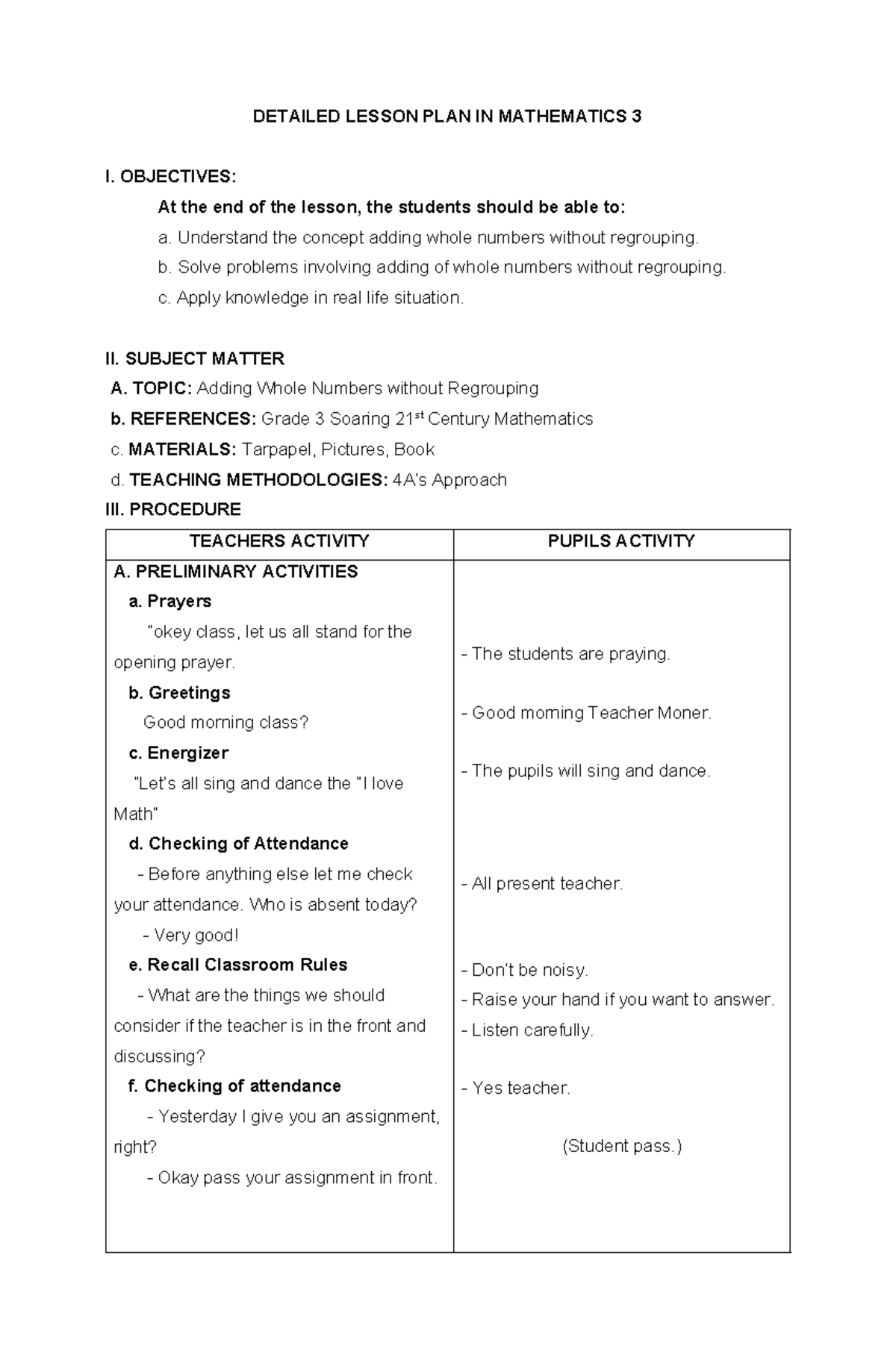 Lesson Plan: Adding Whole Numbers without Regrouping (Math 3, MPO ...