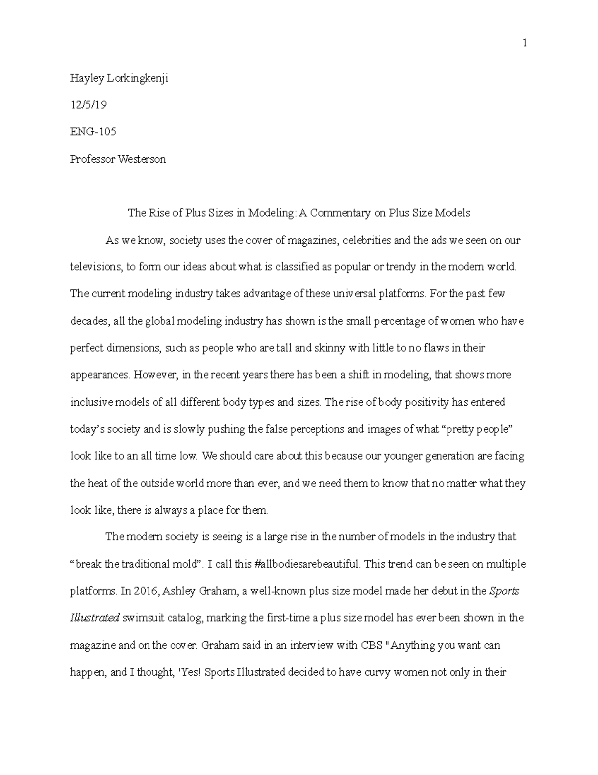 Updated modeling essay - Hayley Lorkingkenji 12/5/ ENG- Professor ...