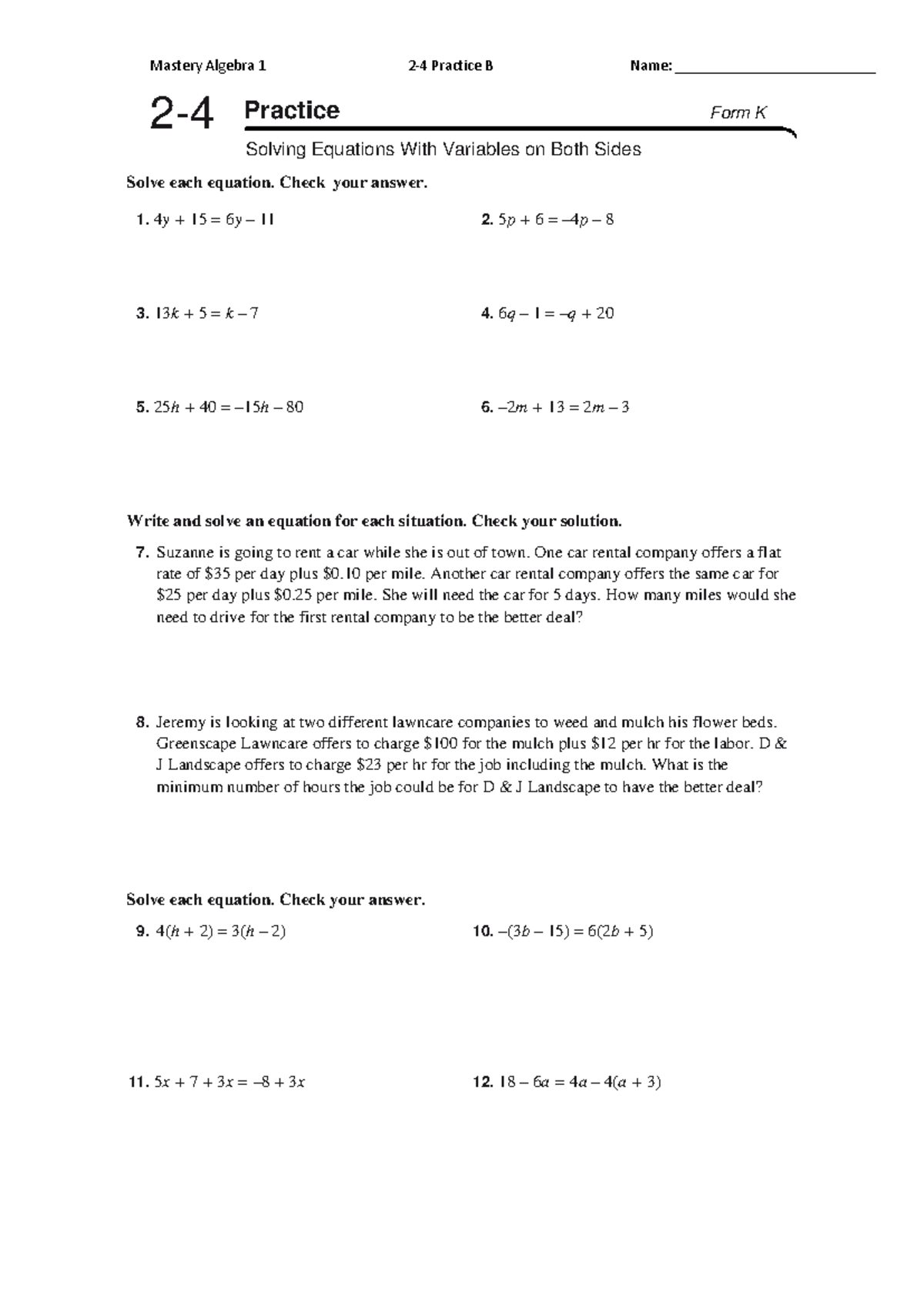 2-4b Practice Form K - Mastery of Algebra 1 Equations and Applications ...