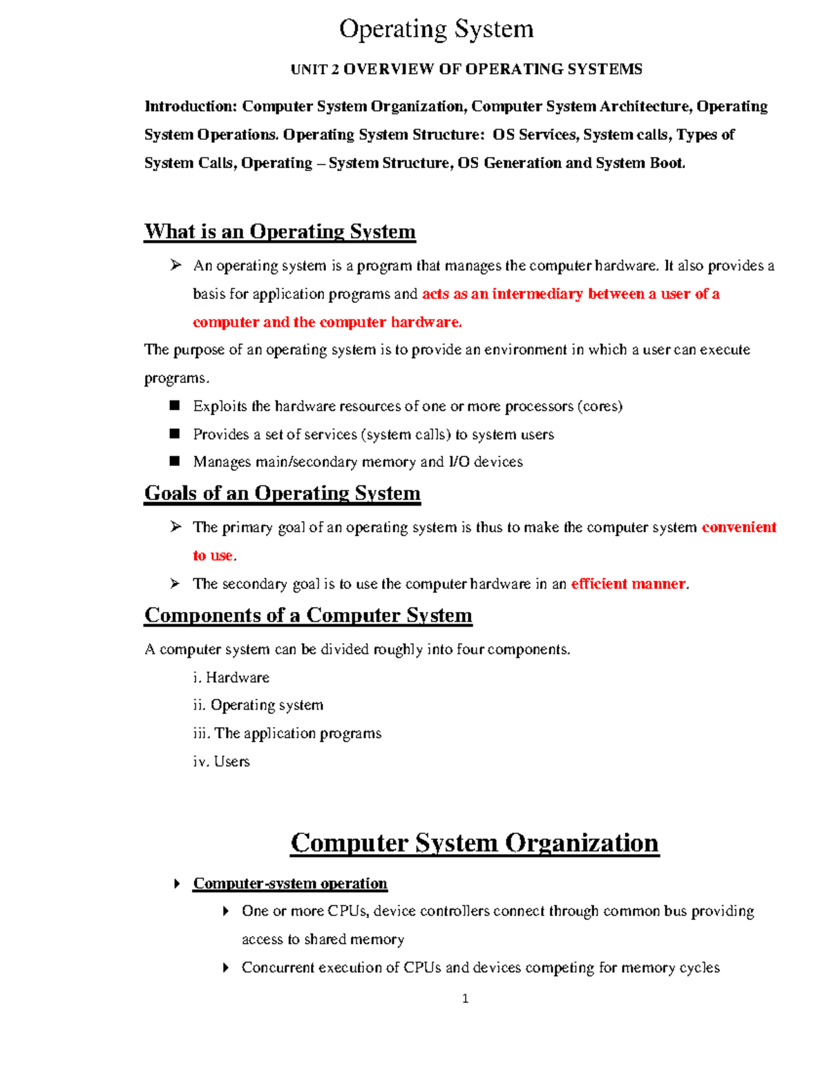 UNIT-2 OS - Operating System UNIT 2 OVERVIEW OF OPERATING SYSTEMS ...