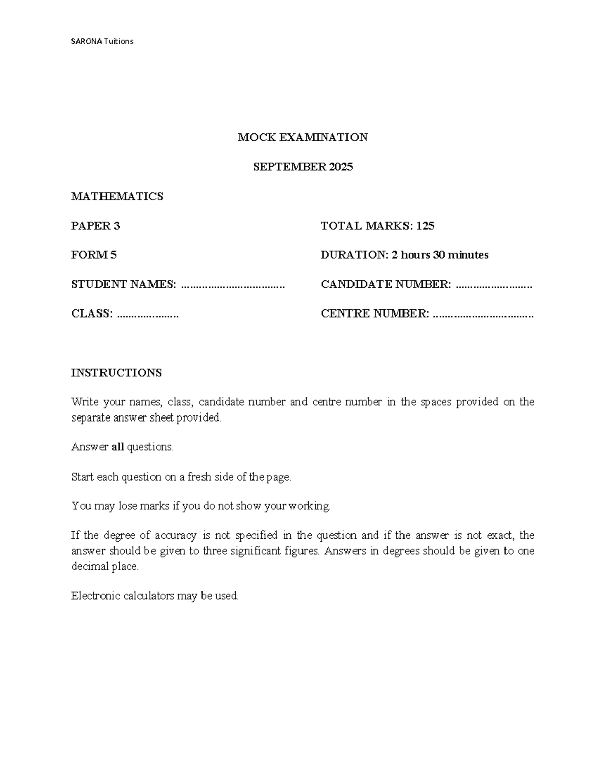 Bgcse Mathematics Paper 3 Mock Exam - September 2025 - Studocu