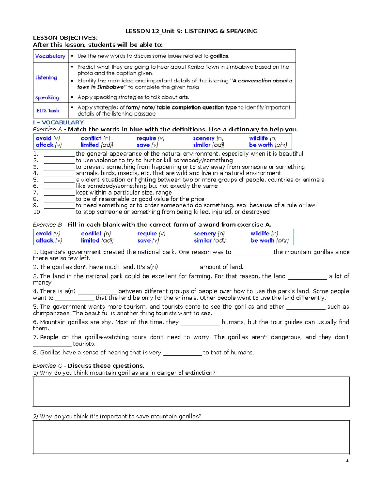 [HK233] Lesson 12 In-class worksheet - LESSON 12_Unit 9: LISTENING ...