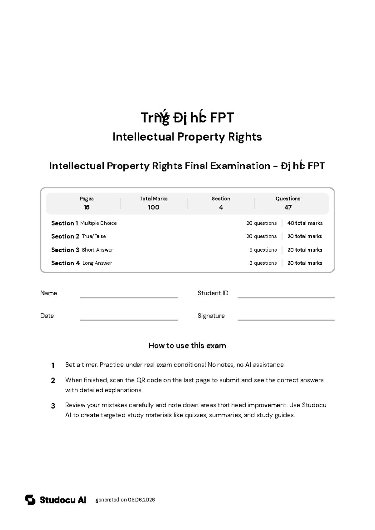 Intellectual Property Rights Final Exam - Đại học FPT - Studocu