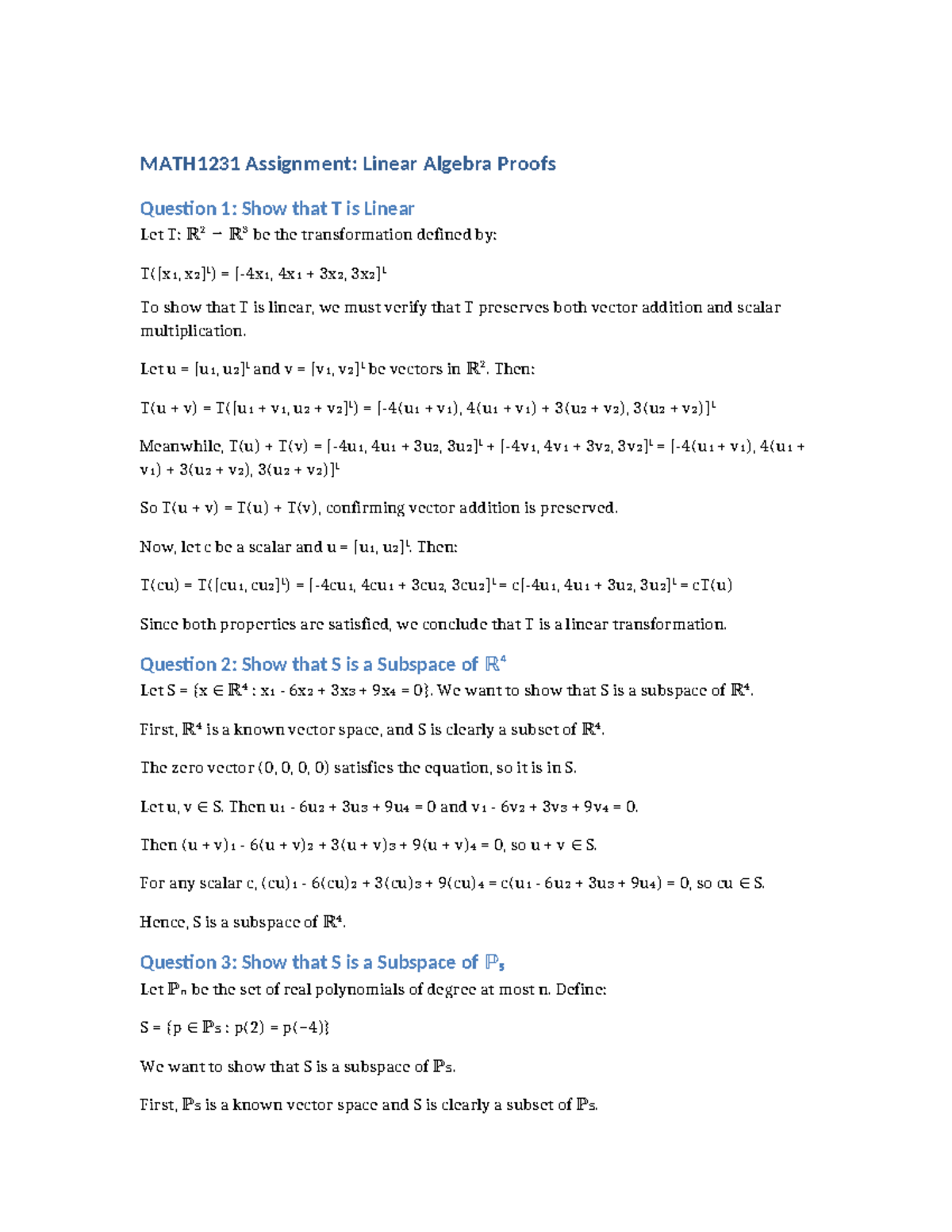 MATH1231 Assignment Solutions: Linear Algebra Proofs - Studocu