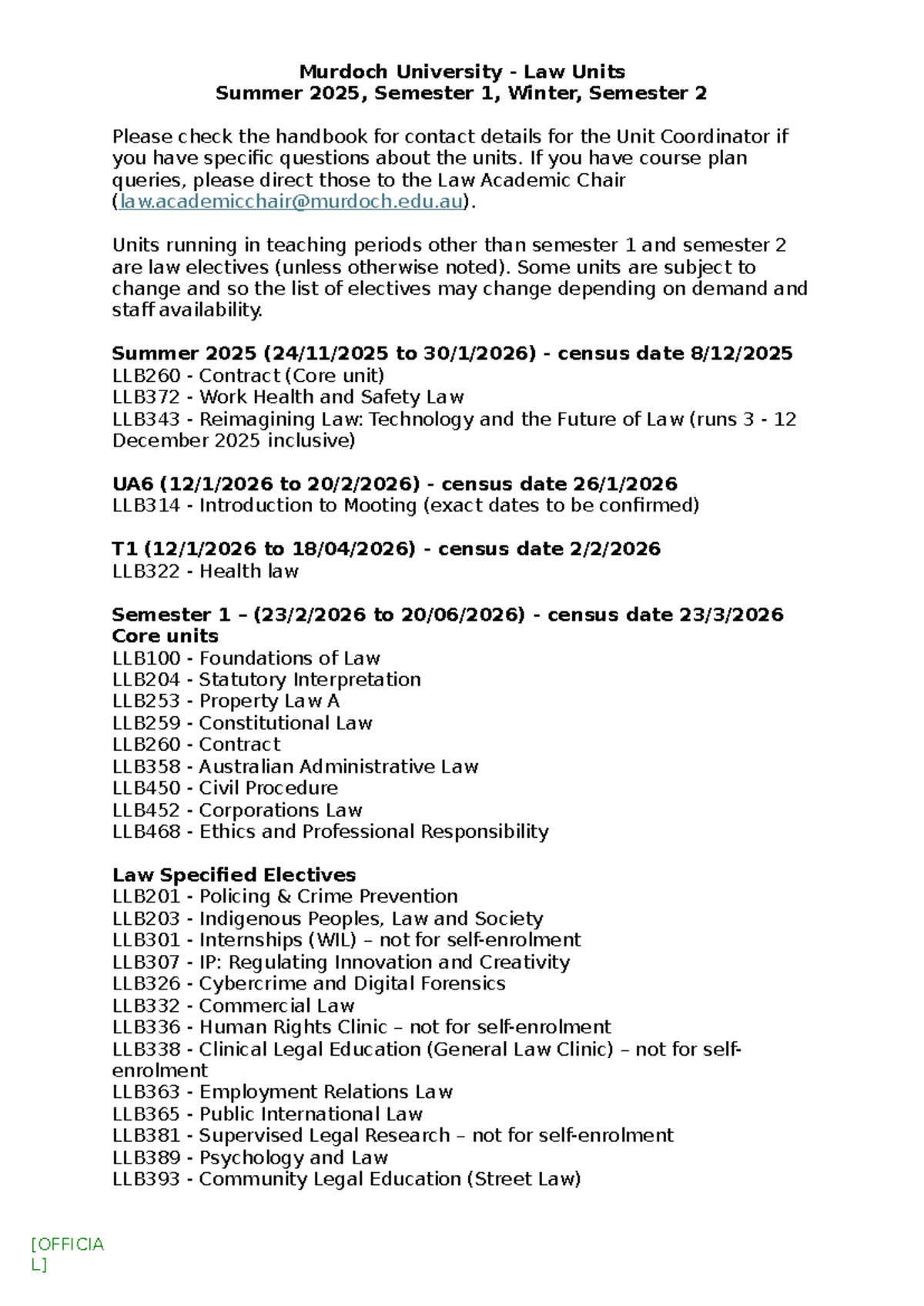Murdoch University Law Units 2026: Summer & Semester Details - Studocu