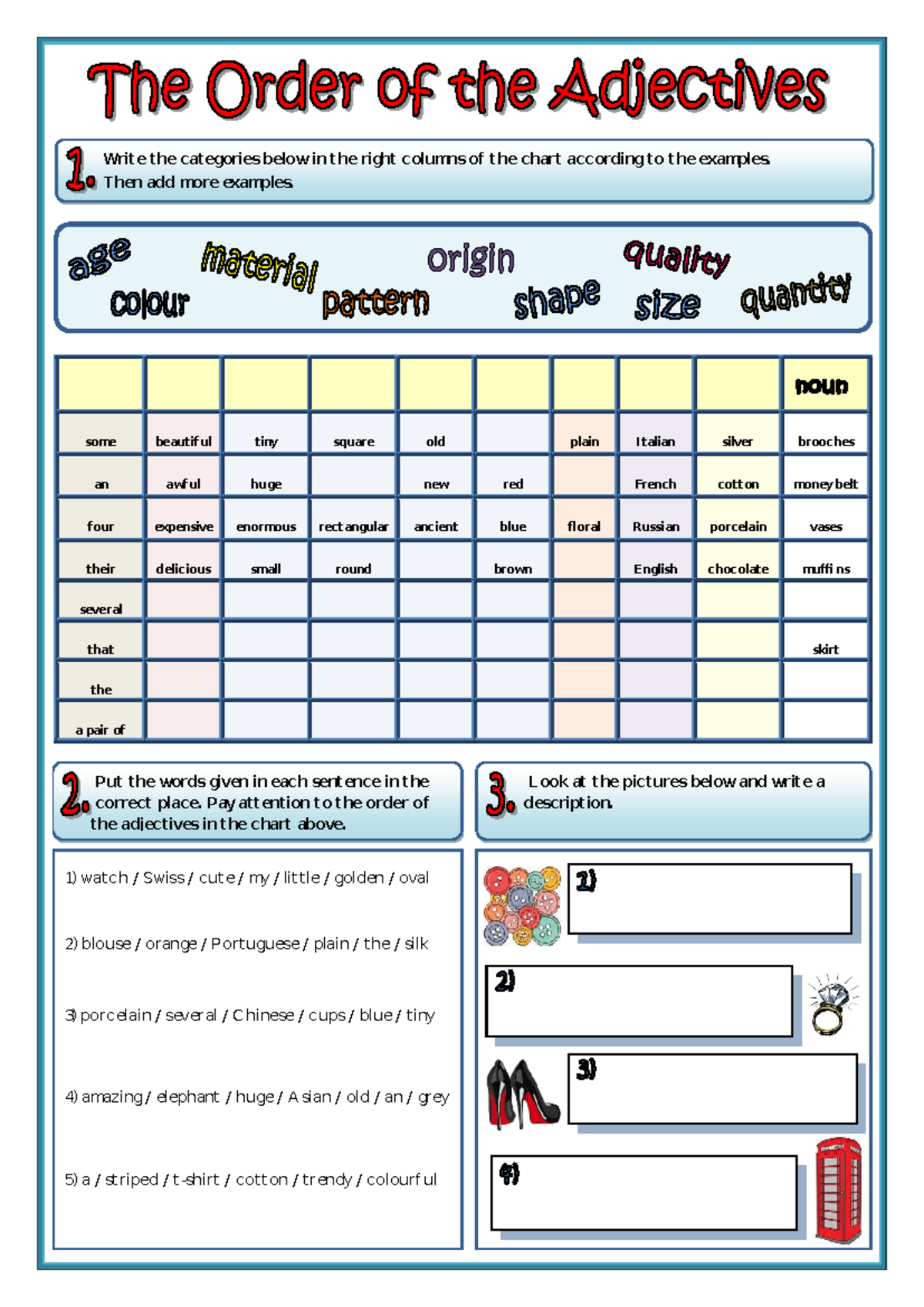 The Order of Adjectives: Grammar Drills & Picture Descriptions (Writi ...