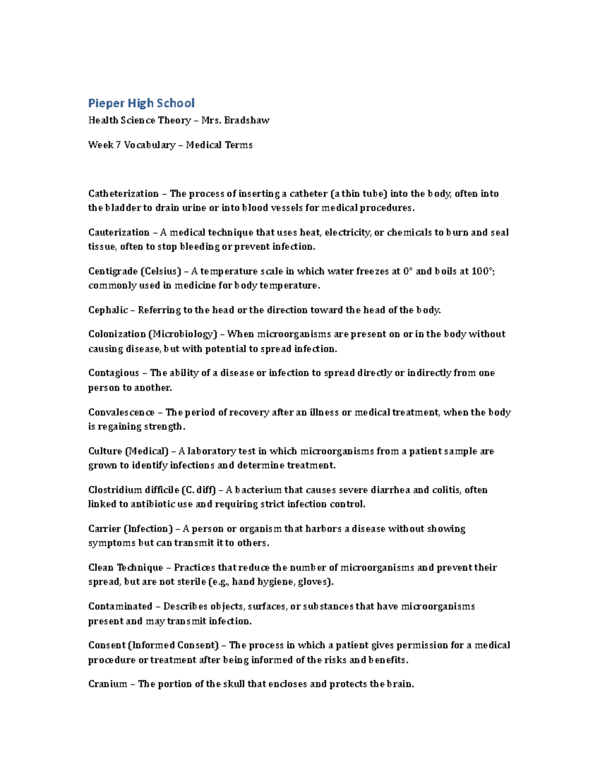 Health Science Theory HSC 101 Week 7 Vocabulary - Medical Terms - Studocu