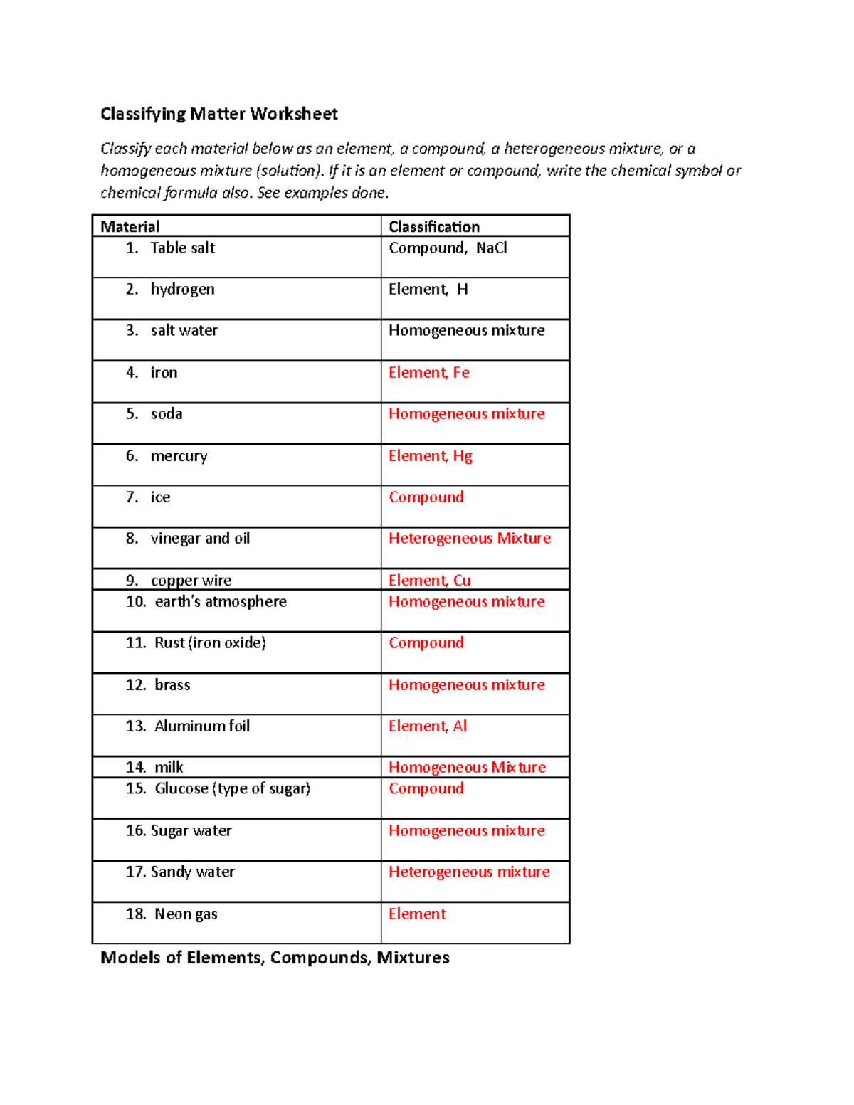 Classifying Matter Worksheet - Classifying Matter Worksheet Classify each material below as an ...