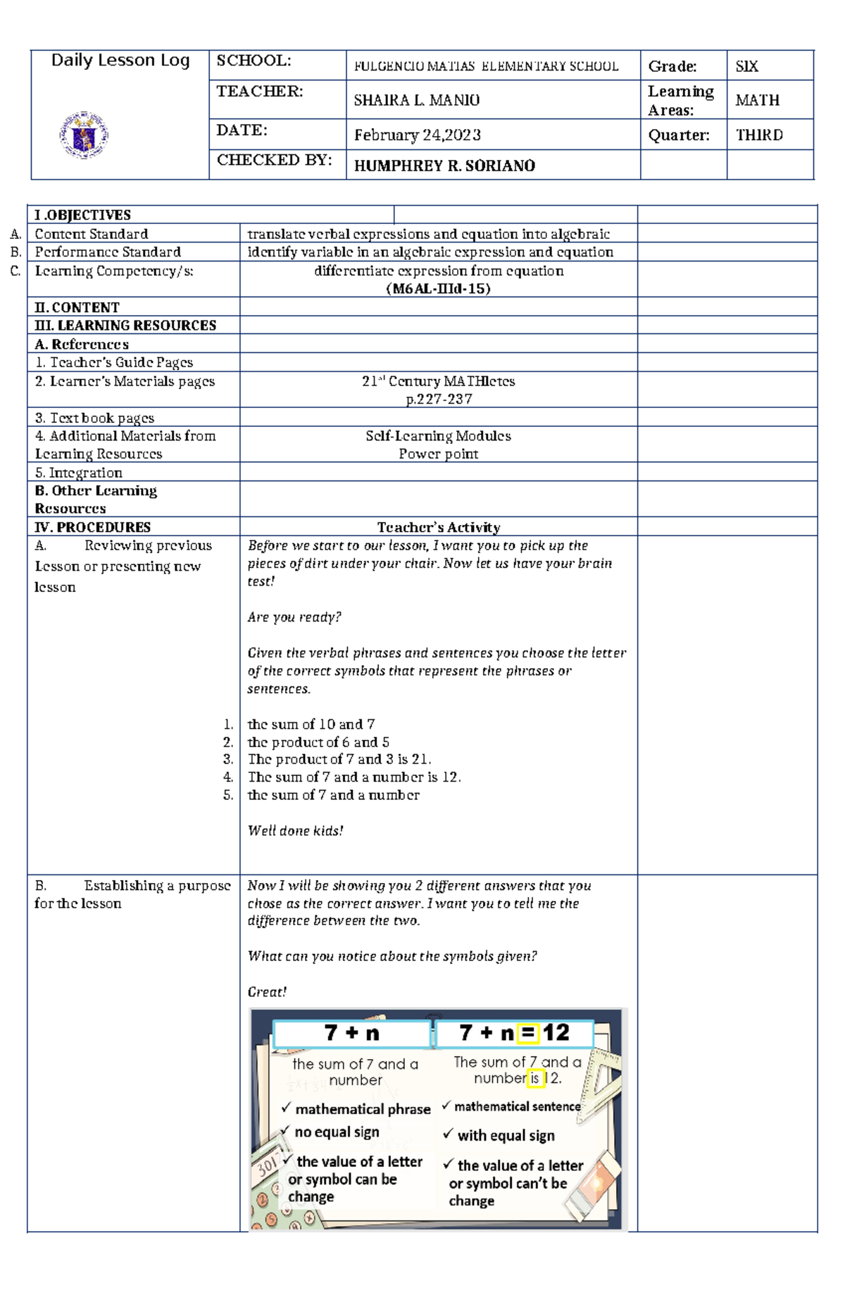 COT Grade 6 Math - Classroom Observation Lesson Plan (Feb 2023) - Studocu