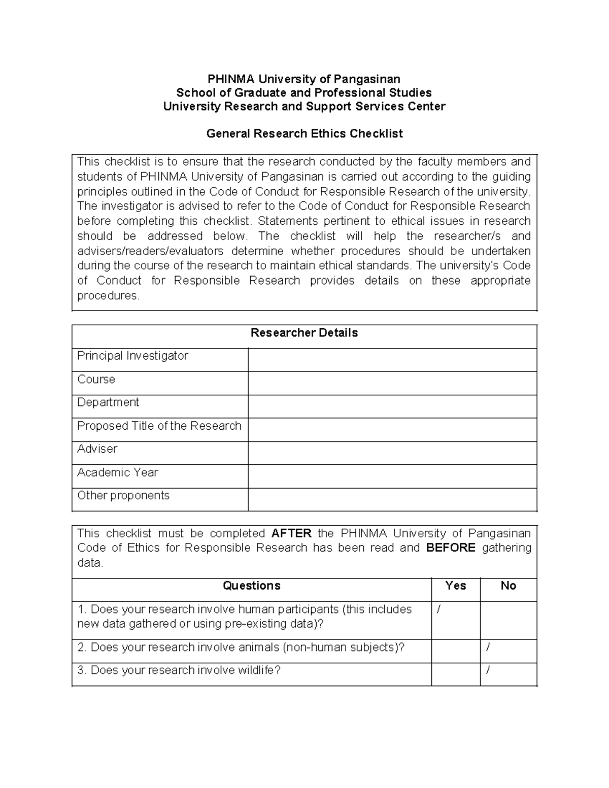 PHINMA University Research Ethics Checklist for Faculty & Students ...