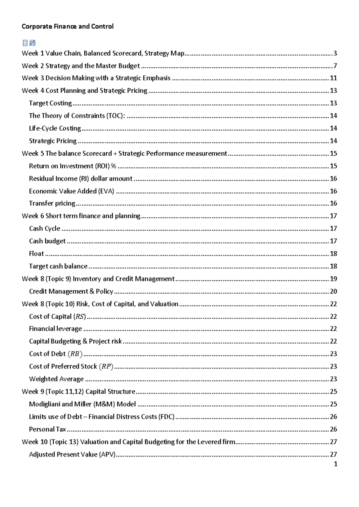 Corporate Finance & Control Notes (CFC 101) Semester Overview - Studocu