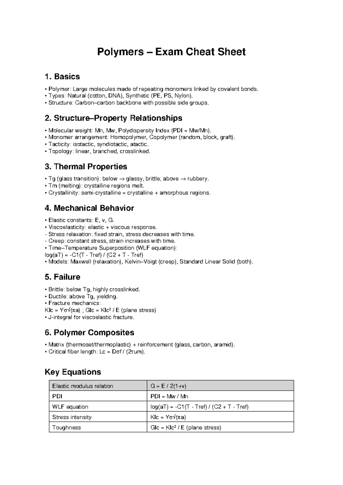 Polymers Exam Cheat Sheet: Key Concepts and Equations - Studocu