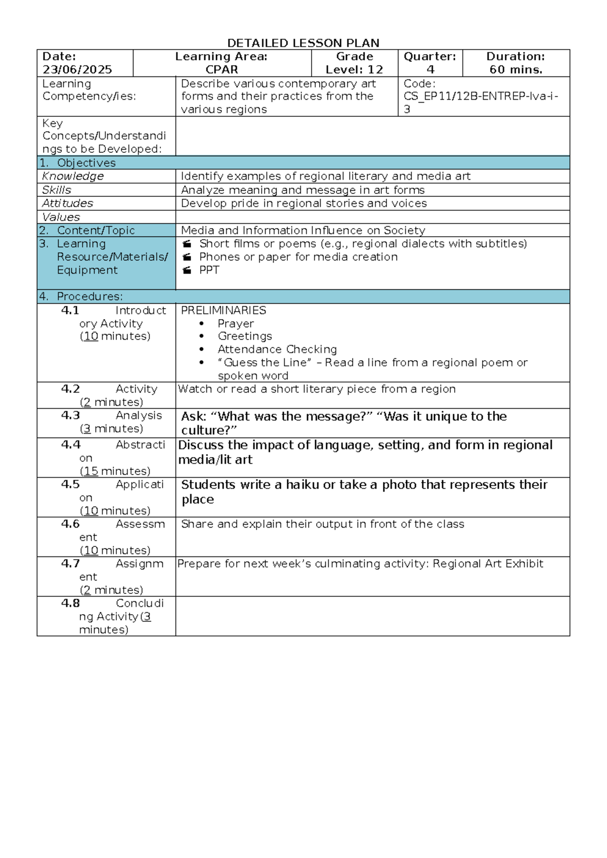 Grade 12 Lesson Plan: Media & Info Literacy - Regional Art Forms - Studocu