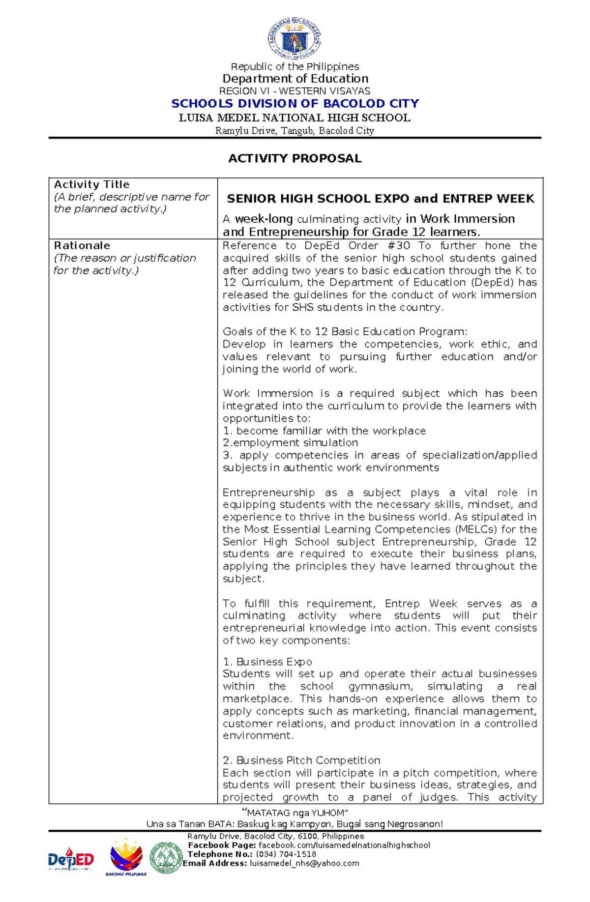 SHS EXPO and ENTREPRENEURSHIP WEEK Activity Proposal - Studocu