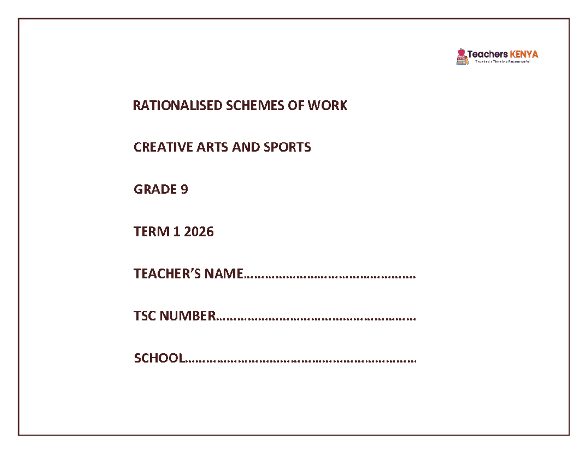 TERM 1 2026 Grade 9 Creative Arts & Sports Schemes of Work - Studocu