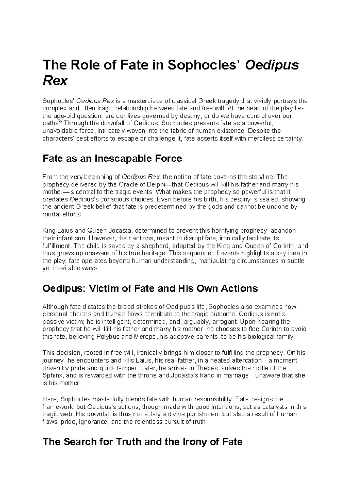 ENG 201: The Inescapable Fate in Oedipus Rex - An Essay Analysis - Studocu