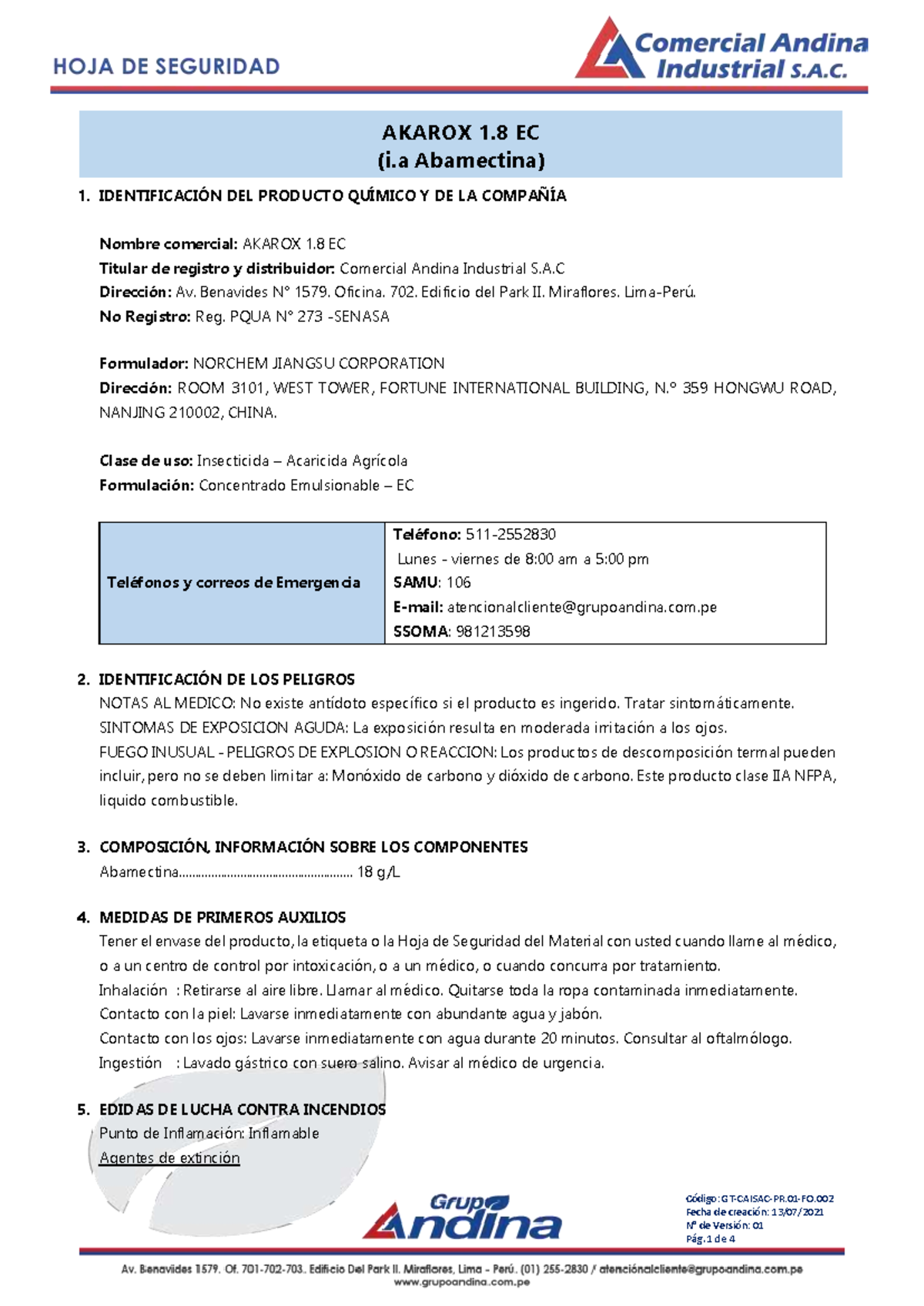 Hs Akarox 1 8 Ec Abamectina Hoja De Seguridad Y Manejo Studocu