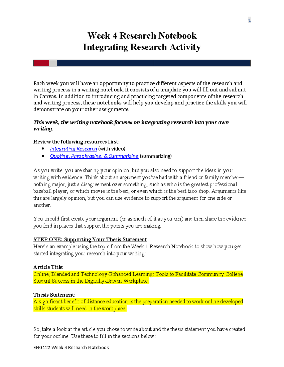 ENG122 Wk 4 - Integrating Research Activity and Writing Notebook Guide ...