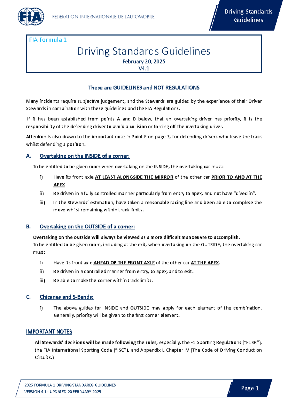 FIA Formula 1 Driving Standards Guidelines V4.1 - February 2025 - Studocu