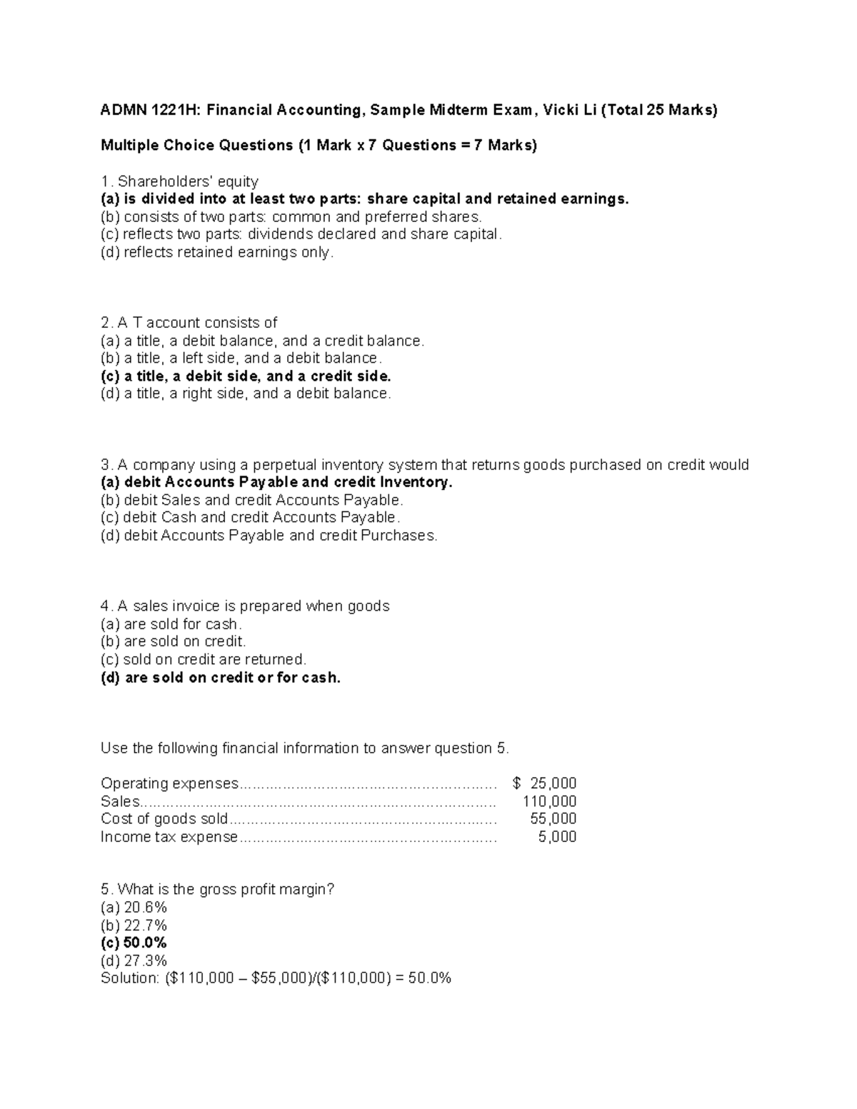 ADMN 1221H: Financial Accounting Sample Midterm Exam 2023 - Studocu