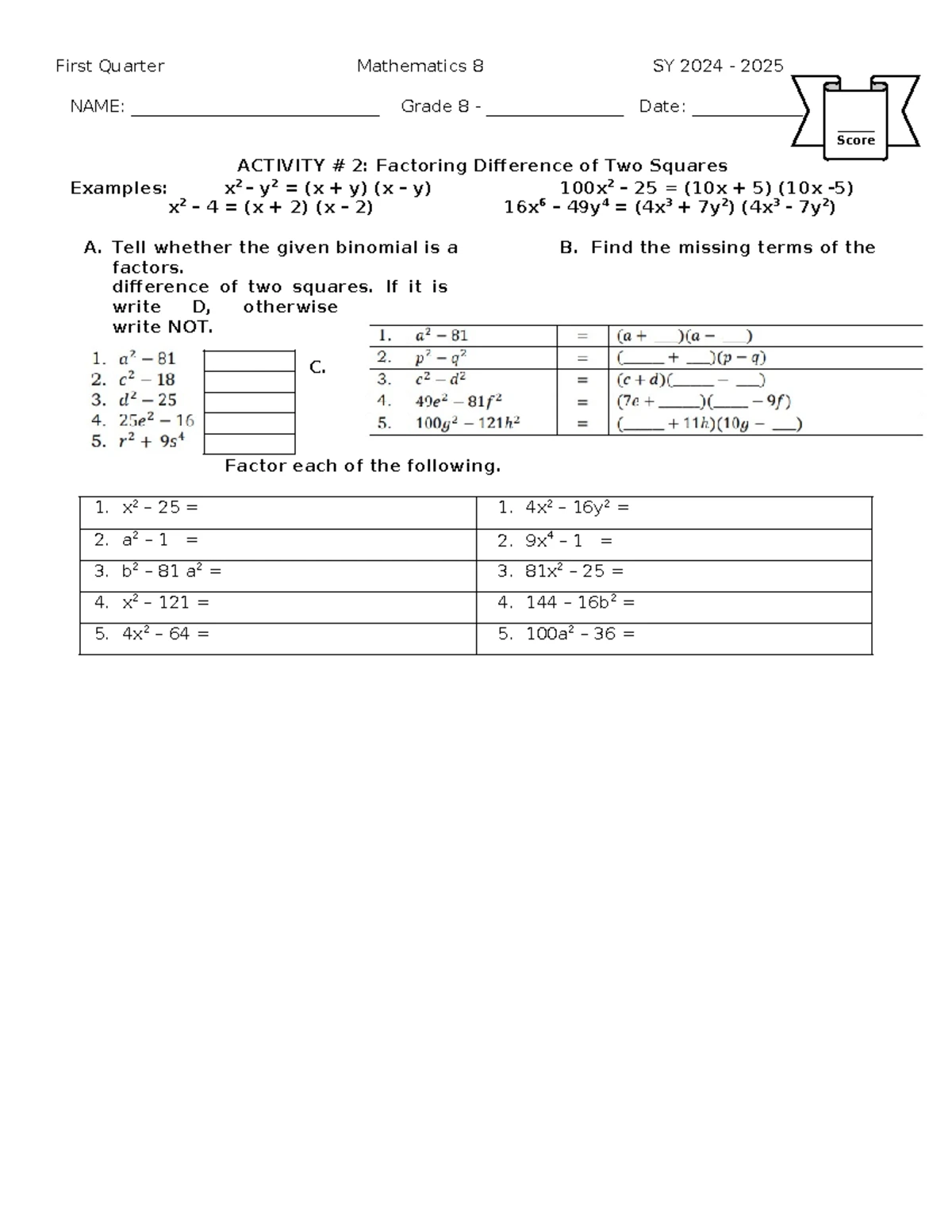 Q1 Activity 2: Factoring Difference of Two Squares - Grade 8 - Studocu