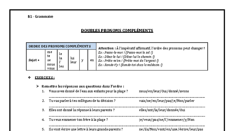 B1 Grammaire: Les Doubles Pronoms Compléments et Exercices - Studocu
