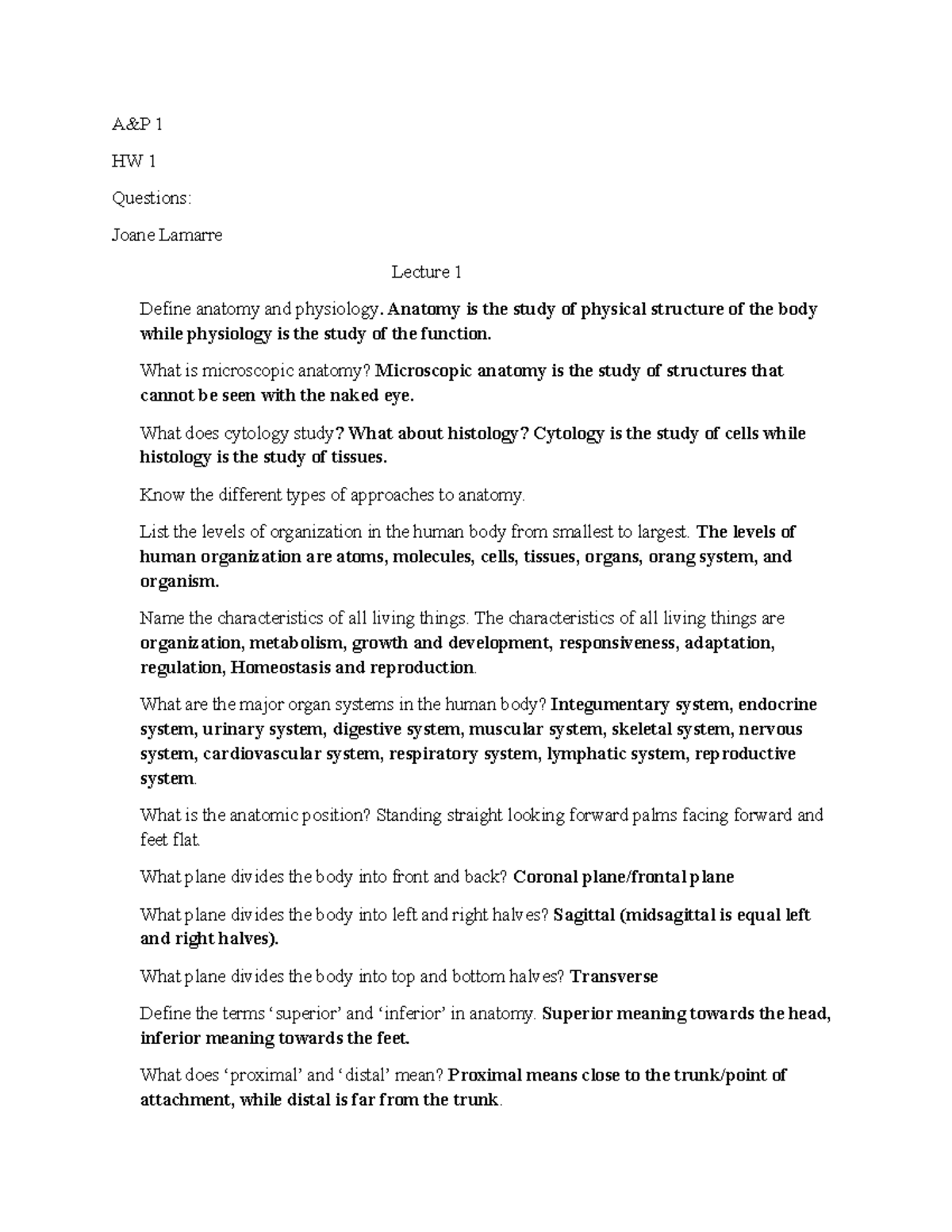 HW 1 A&P Lecture 1-5 Review: Anatomy & Physiology Concepts - Studocu