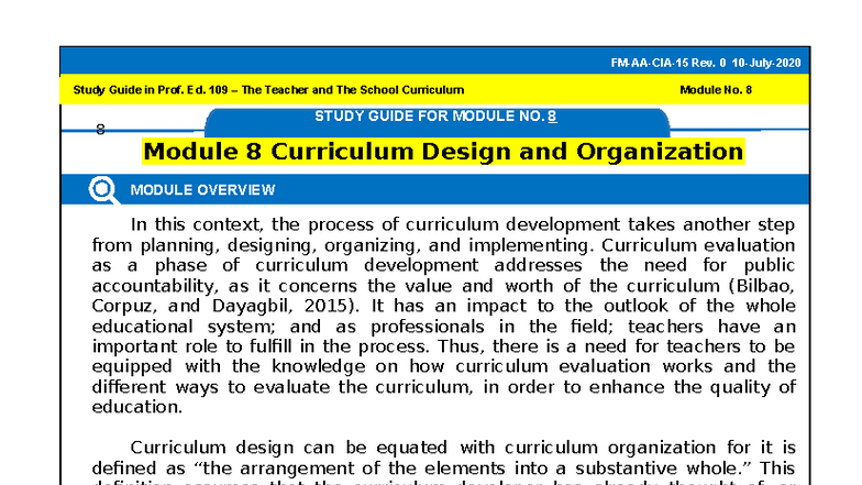 Study Guide for Prof. Ed. 109: Module 8 - Curriculum Design & Evaluation - Studocu