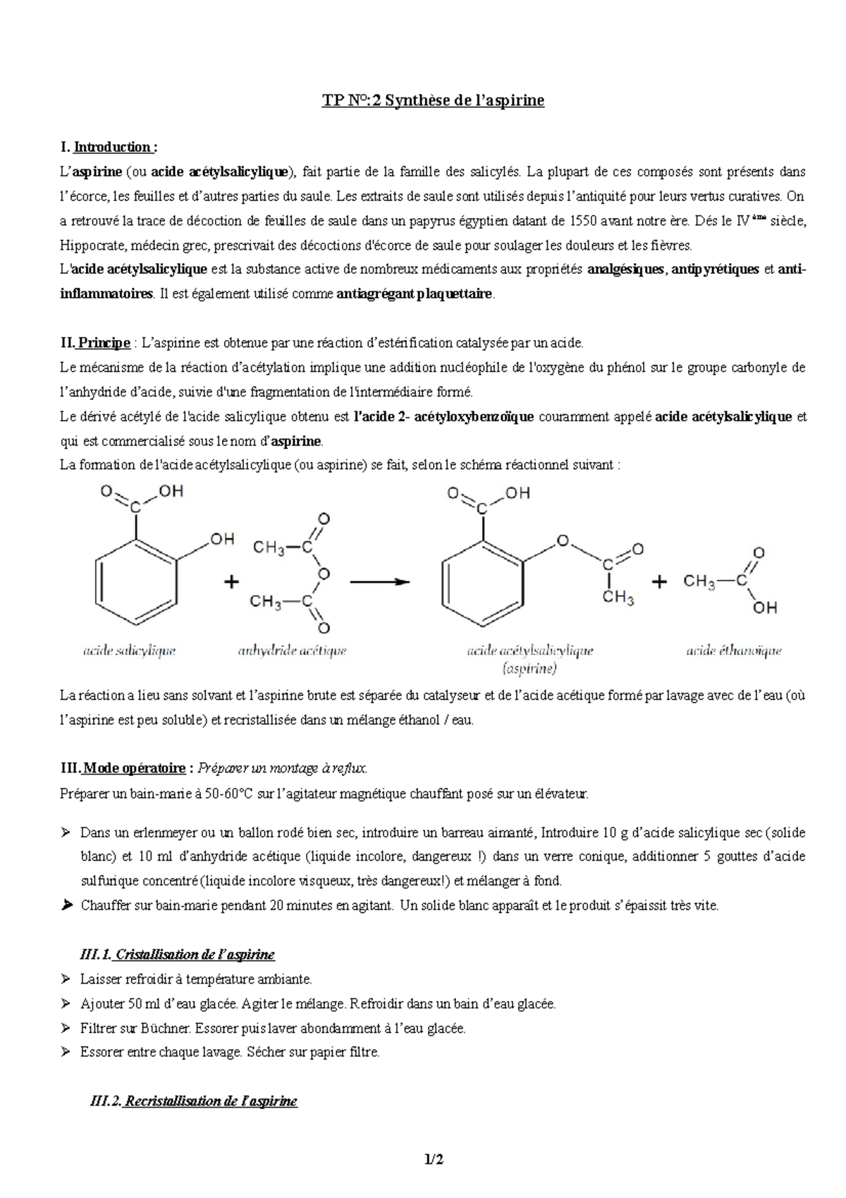 TP N-2-Synthèse de l’aspirine - TP N°:2 Synthèse de l’aspirine I. Introduction : L’aspirine (ou ...
