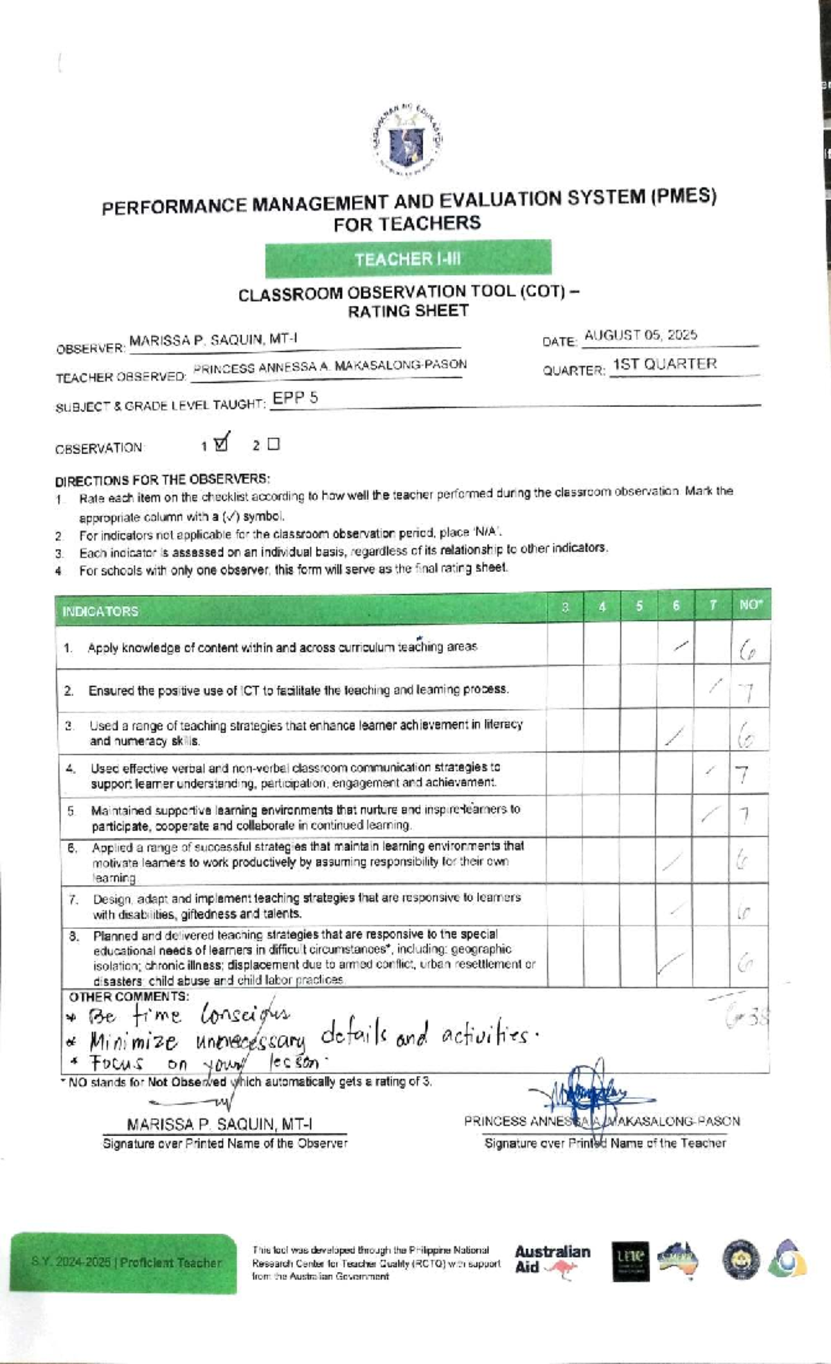 Performance Management & Evaluation System (PMES) COT Rating Sheet ...
