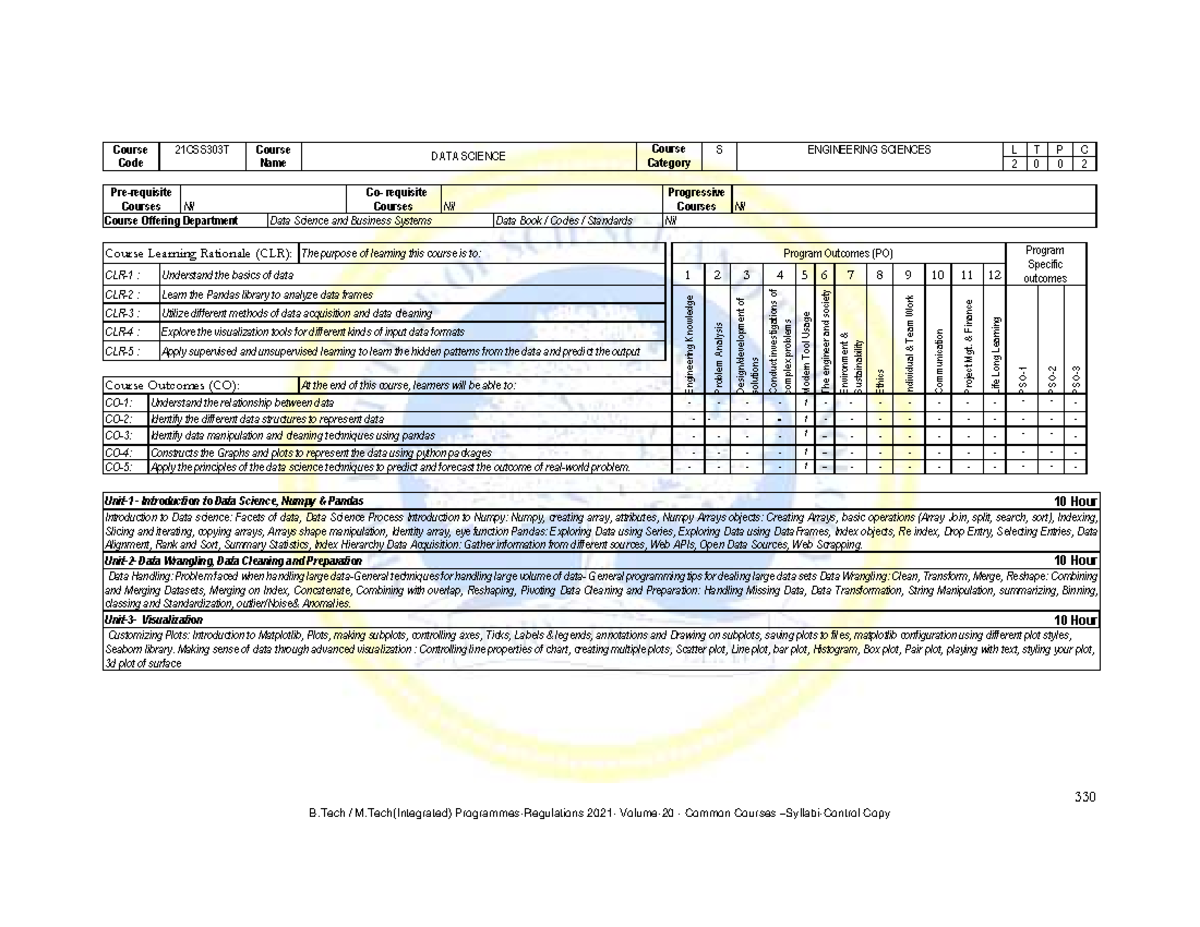 CNS 21CSS303T - Introduction to Data Science Syllabus Overview - Studocu