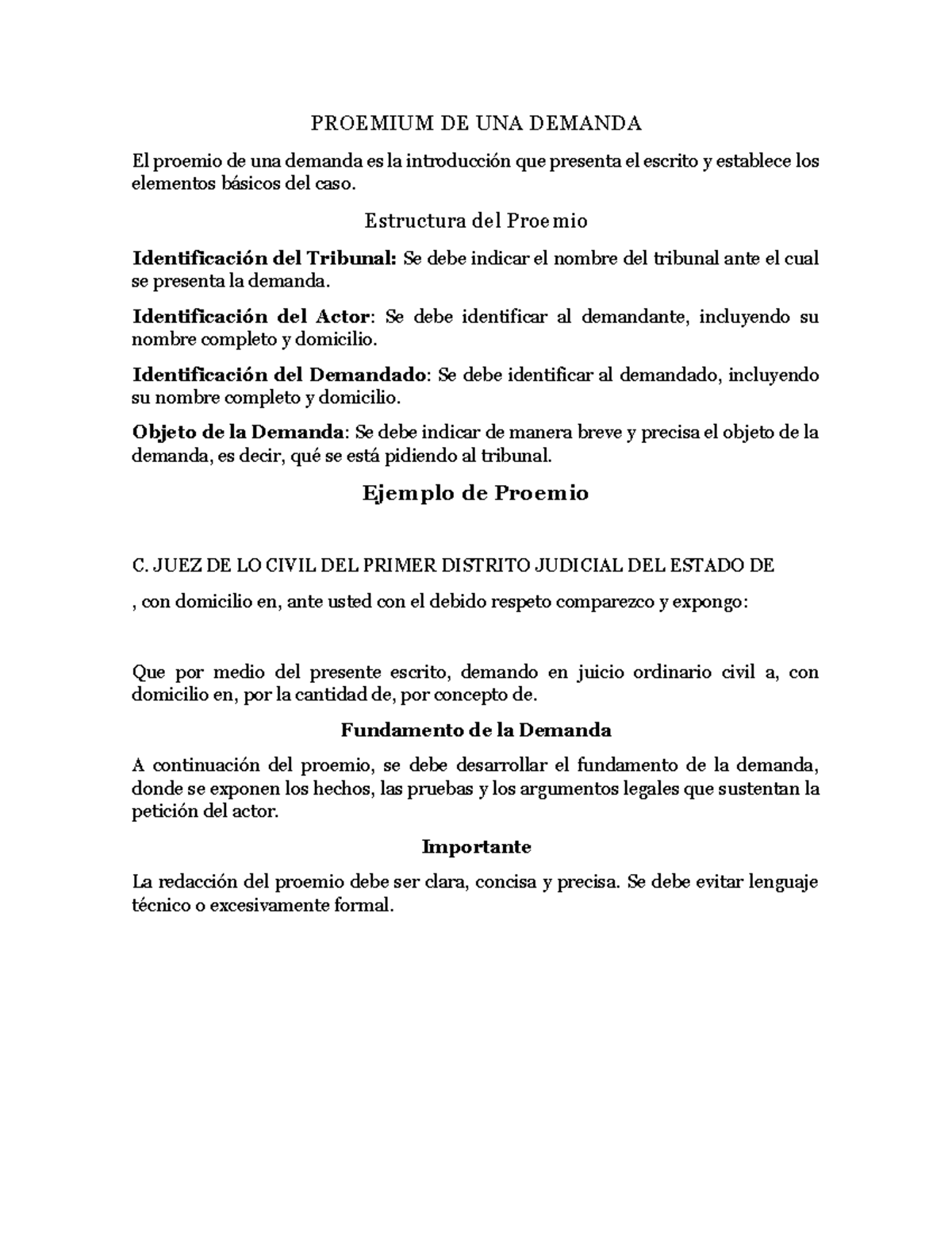 Proemio de una Demanda: Estructura y Ejemplo Legal - Studocu