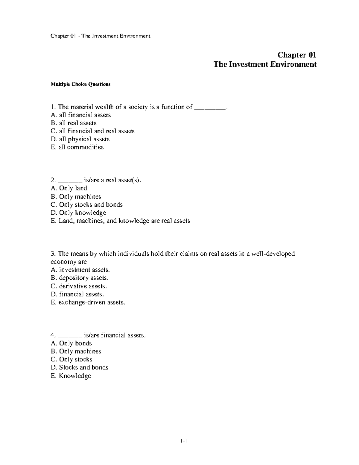 Chapter 01 Investment: MCQ Practice Questions and Answer Key - Studocu