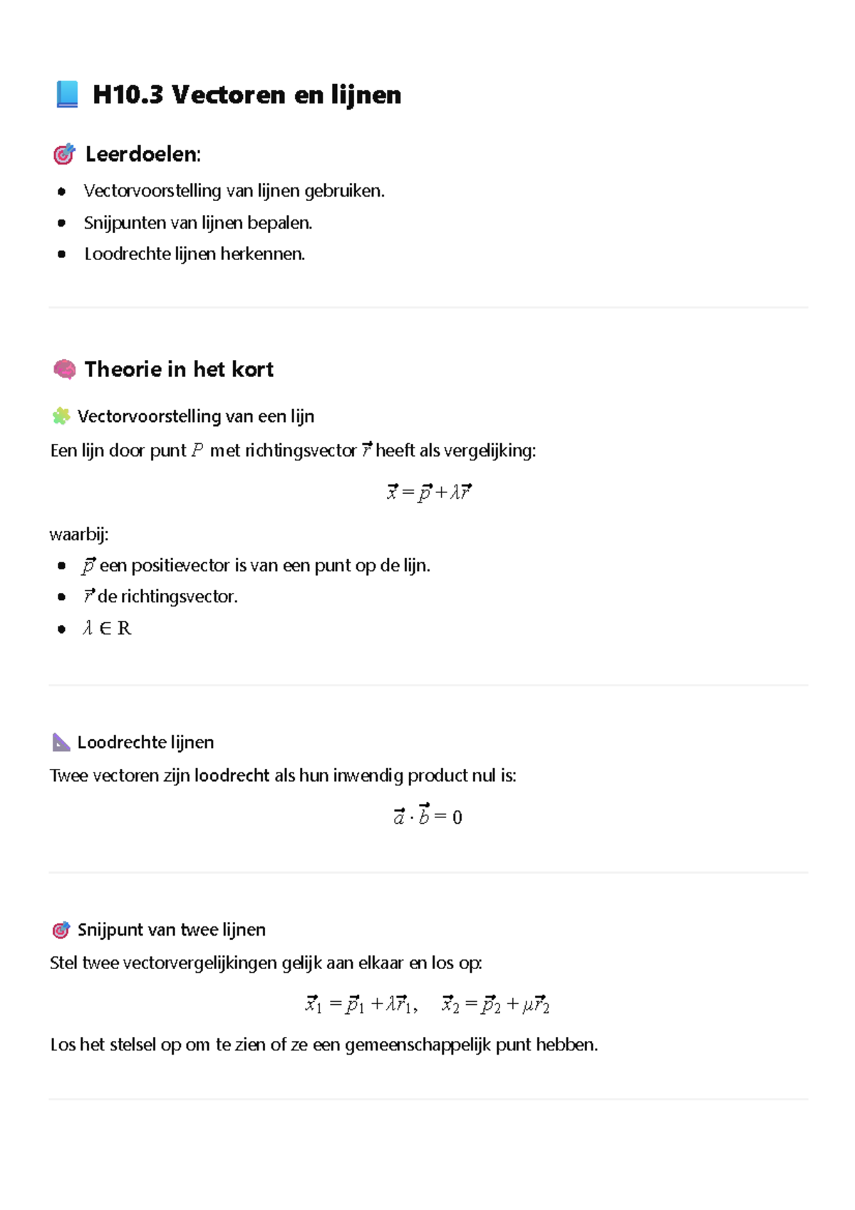 Wiskunde B H10.3 en 11.2 Samenvatting: Vectoren en Lijnen - Studeersnel