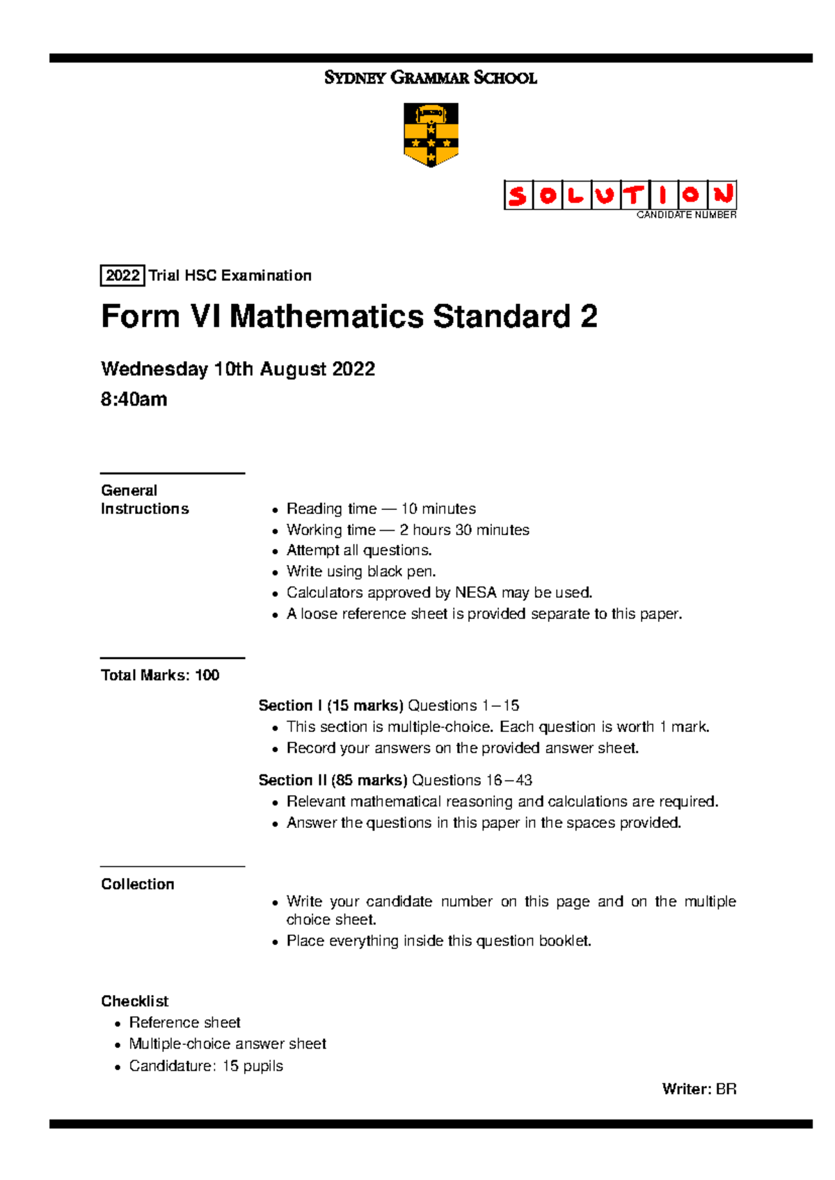 Form VI Mathematics Standard 2 Trial HSC Exam Solutions - August 2022 ...