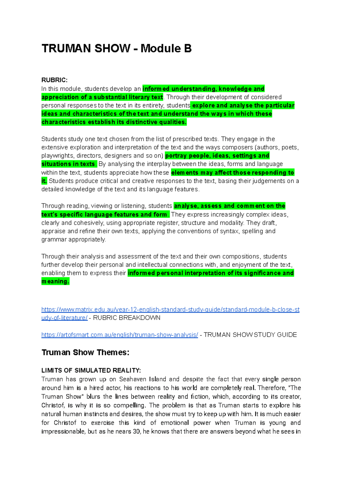 ENG1A TRUMAN SHOW Module B Study Guide & Analysis Notes - Studocu