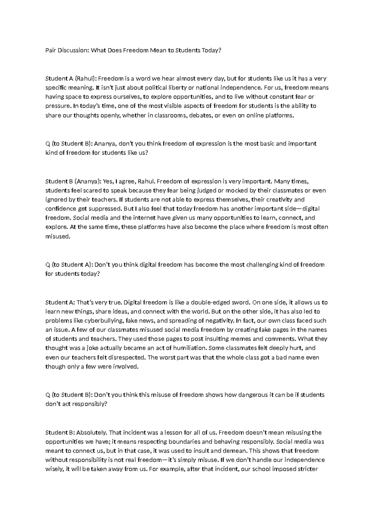 Pair Discussion: Understanding Freedom for Students Today - Studocu