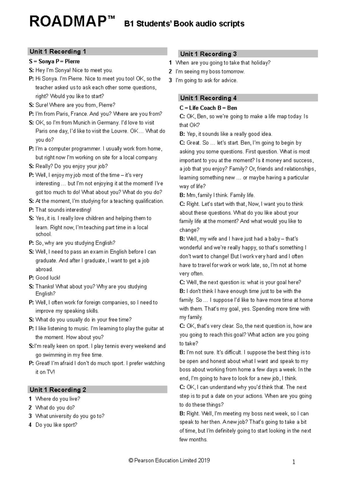 B1 Book Audio Scripts: Unit 1 to Unit 6 Recordings and Transcripts ...