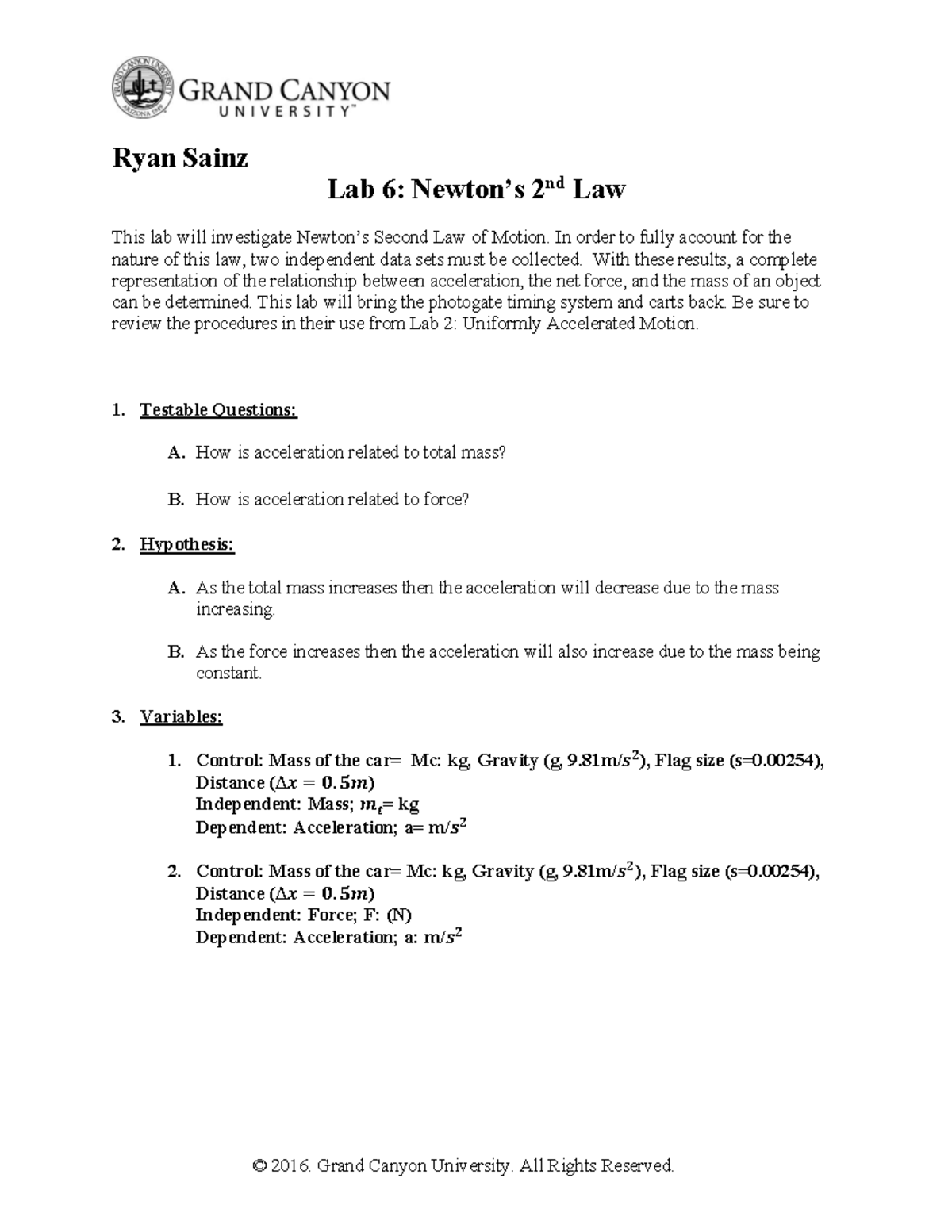 PHY-111L-RS-Lab 6: Investigating Newton's 2nd Law of Motion - Studocu