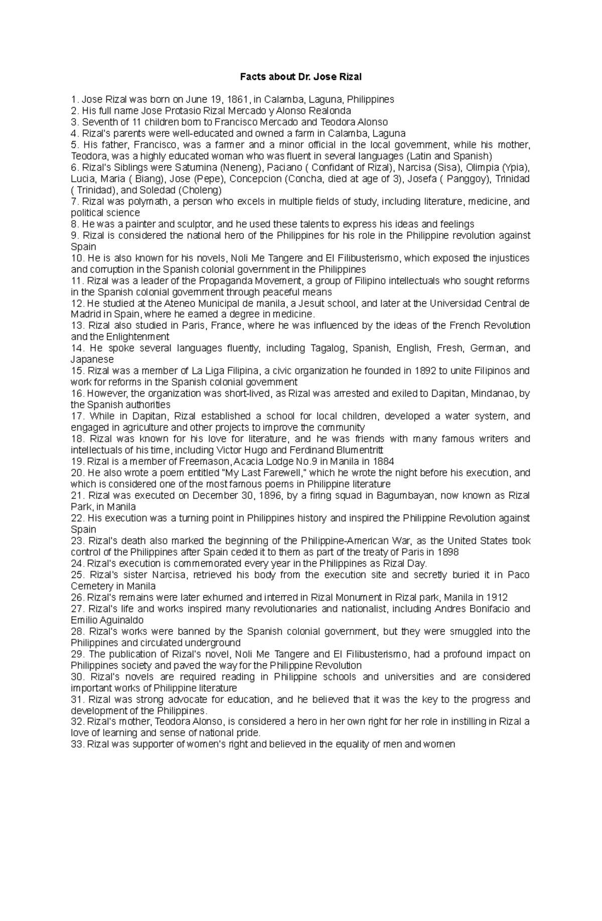 Key Facts About Dr. Jose Rizal: Life, Legacy, and Contributions - Studocu