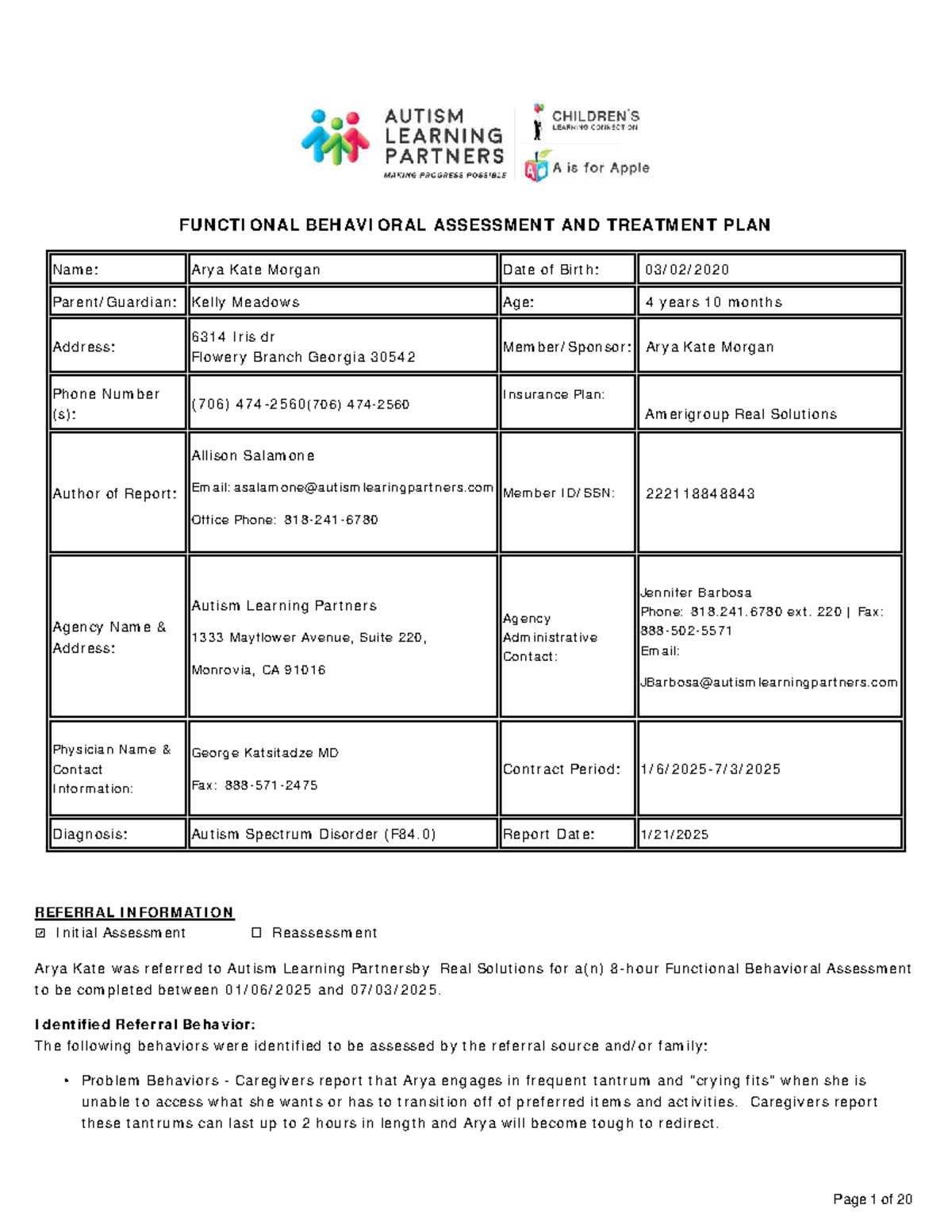 Functional Behavioral Assessment & Treatment Plan (FBA) for Arya Kate ...