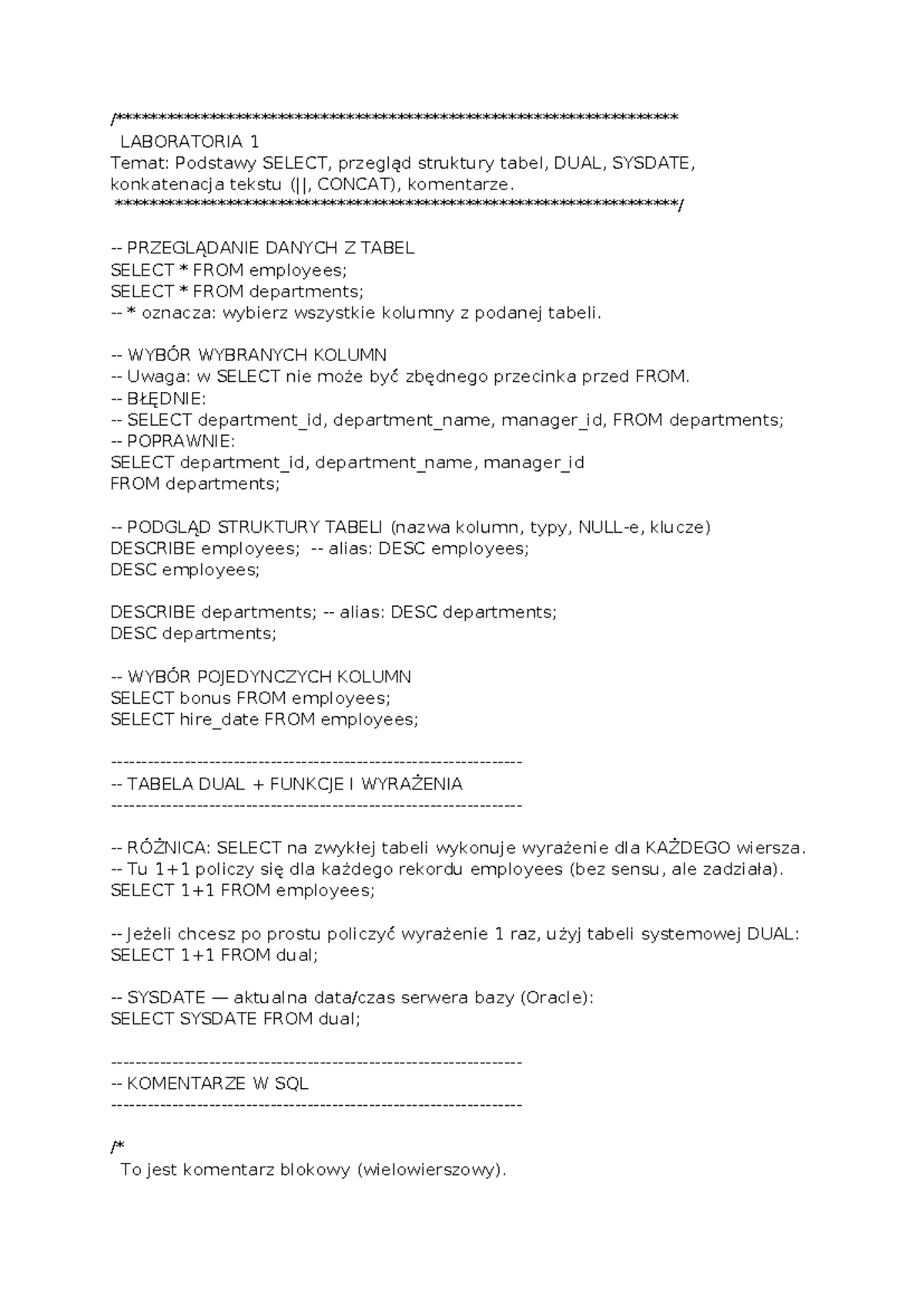LAB 1: Podstawy SELECT, DUAL, SYSDATE i Komentarze w SQL - Studocu