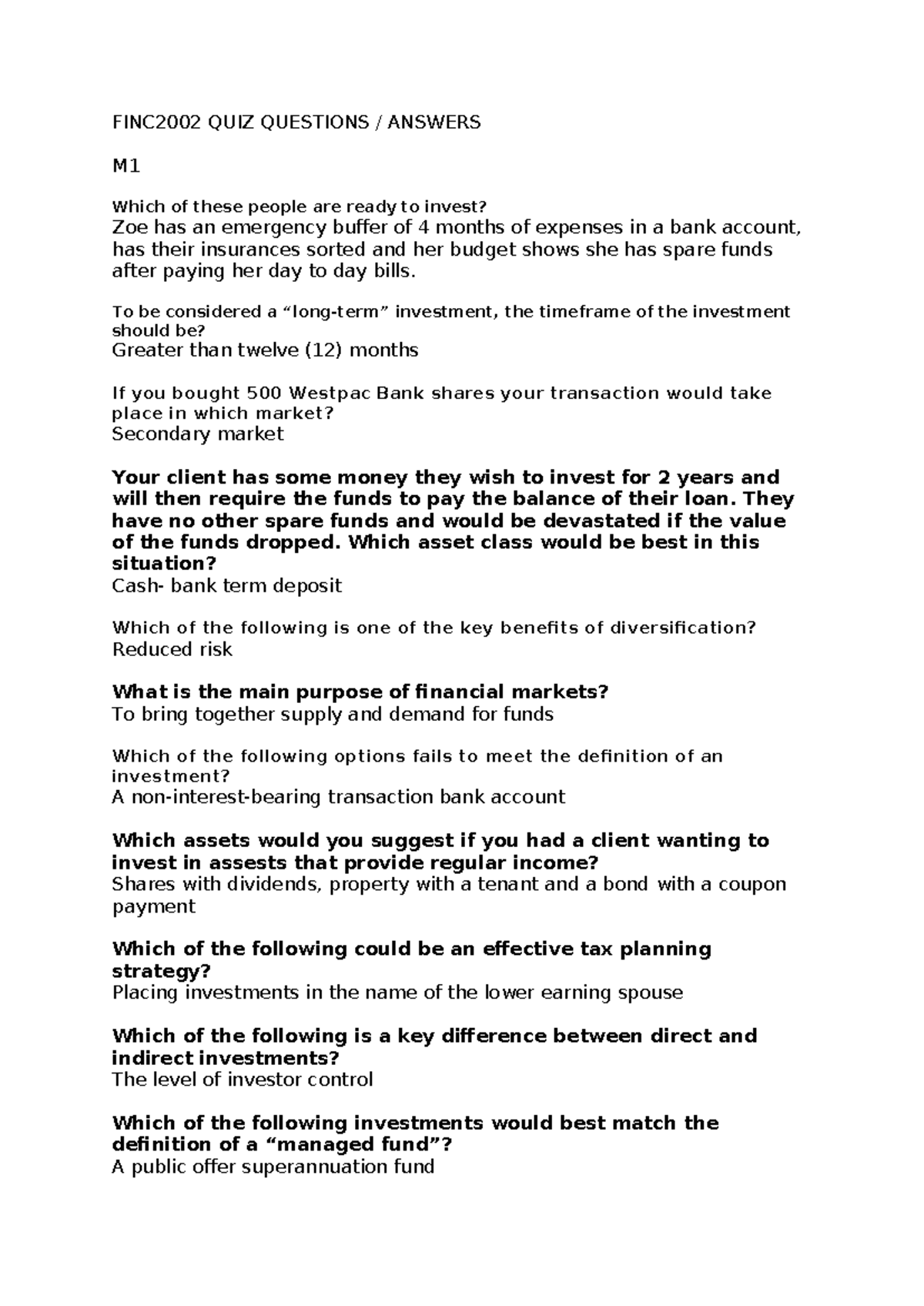 FINC2002 QUIZ Questions & Answers: Investment Readiness & Strategies ...