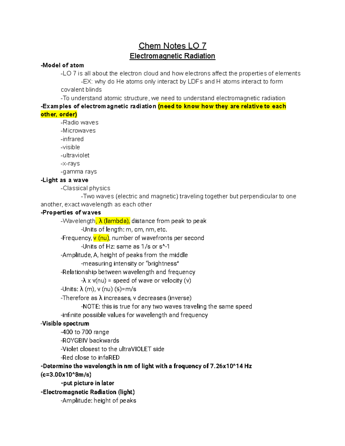 Chemistry Notes on Electromagnetic Radiation & Atomic Structure (LO 7 ...