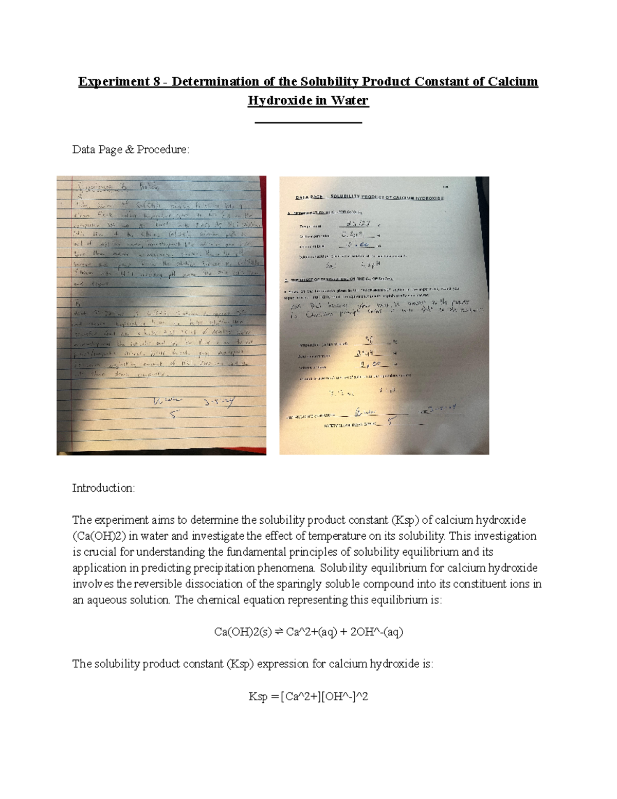 Experiment 8 - Lab: Determining Ksp of Calcium Hydroxide in Water - Studocu