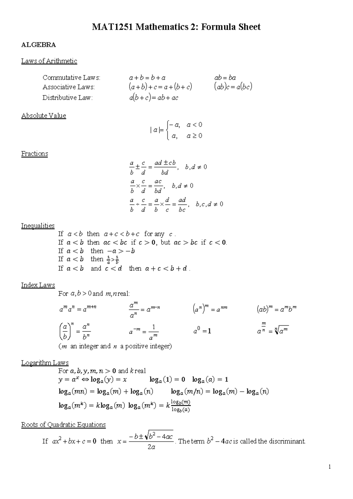 MAT1251 Formula Sheet - MAT1251 Mathematics 2: Formula Sheet ALGEBRA ...